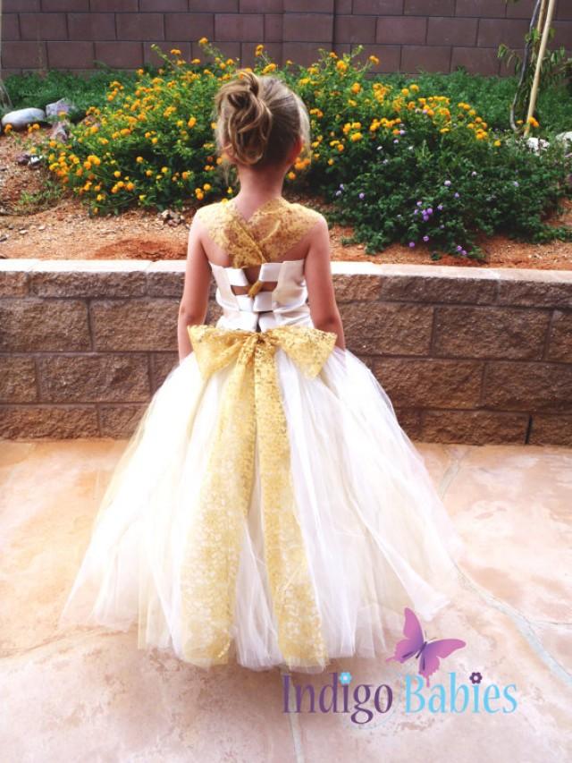 Flower Girl Dress Weddings Tutu Dress Ivory Tutu Antique Gold Lace