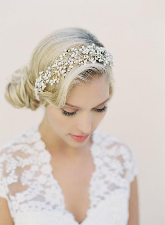 Bridal Halo Headband Gold Wired Swarovski Crystal And Pearl Hair