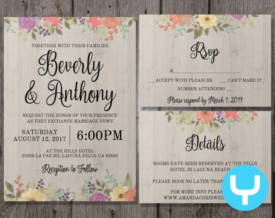 Printable Floral Wedding Invitation Template Set RSVP Details 