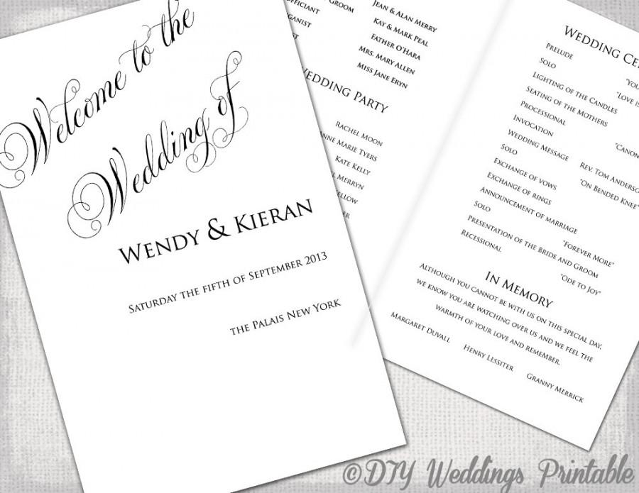 Wedding Program Template DIY Ceremony Program Printable Black White 
