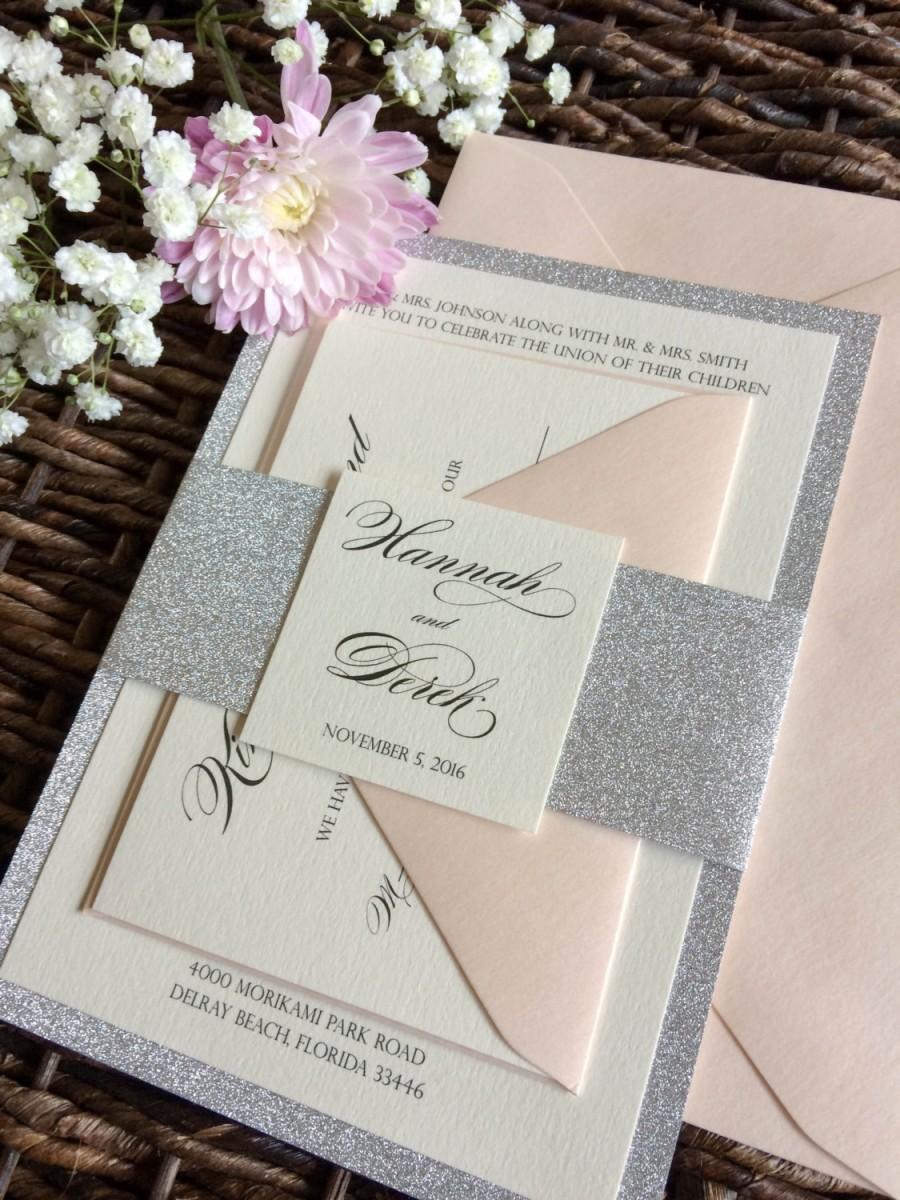 Silver Glitter Wedding Invitation With Glitter Belly Band Silver And 