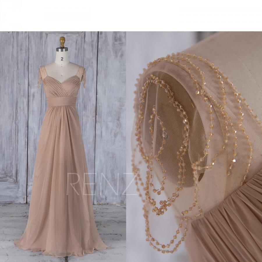 2017 Champagne Chiffon Bridesmaid Dress Cap Sleeves Bead Mesh Wedding