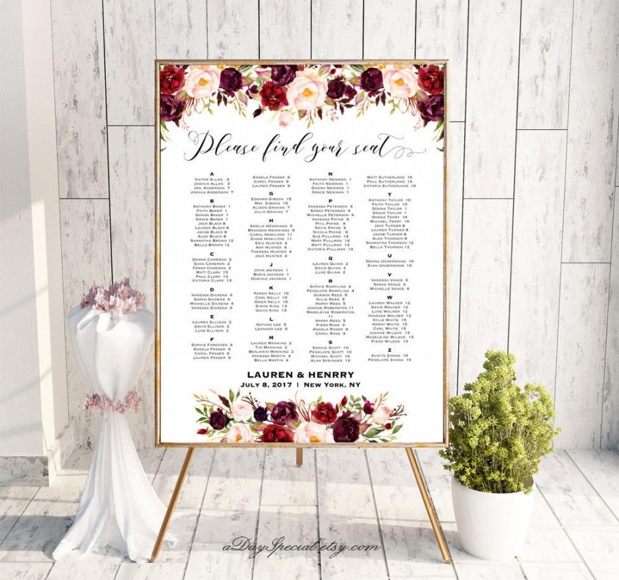 Burgundy Floral Alphabetical Seating Chart Template Printable Wedding 