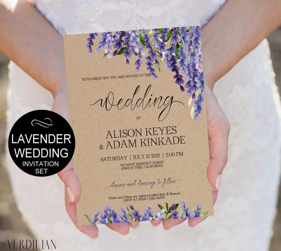 Lavender Wedding Invitation Template Set Purple Flowers Watercolor 