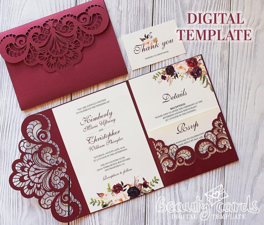 Wedding Invitation Template Envelope Tri Fold Ornamental For Laser 