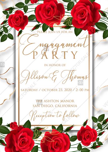 Engagement Wedding Invitation Red Rose Marble Background Card Template 