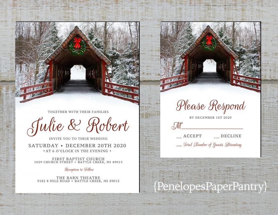 Romantic Rustic Christmas Wedding Invitation Covered Bridge Evergreen 